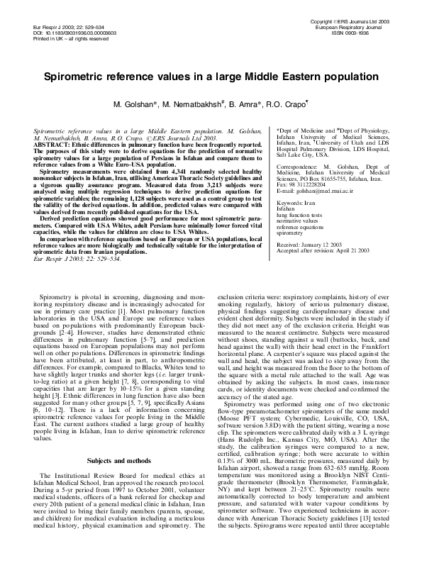 Pdf Spirometric Reference Values In A Large Middle Eastern Population