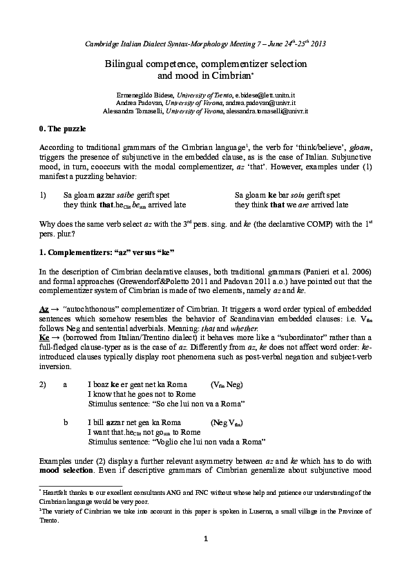 (PDF) Bilingual competence, complementizer selection and mood in Cimbrian