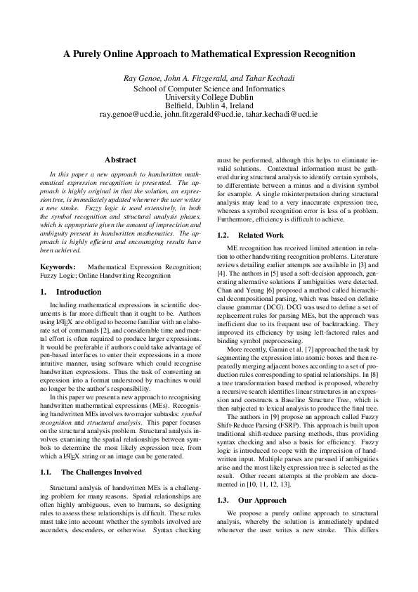 (PDF) A Purely Online Approach to Mathematical Expression Recognition