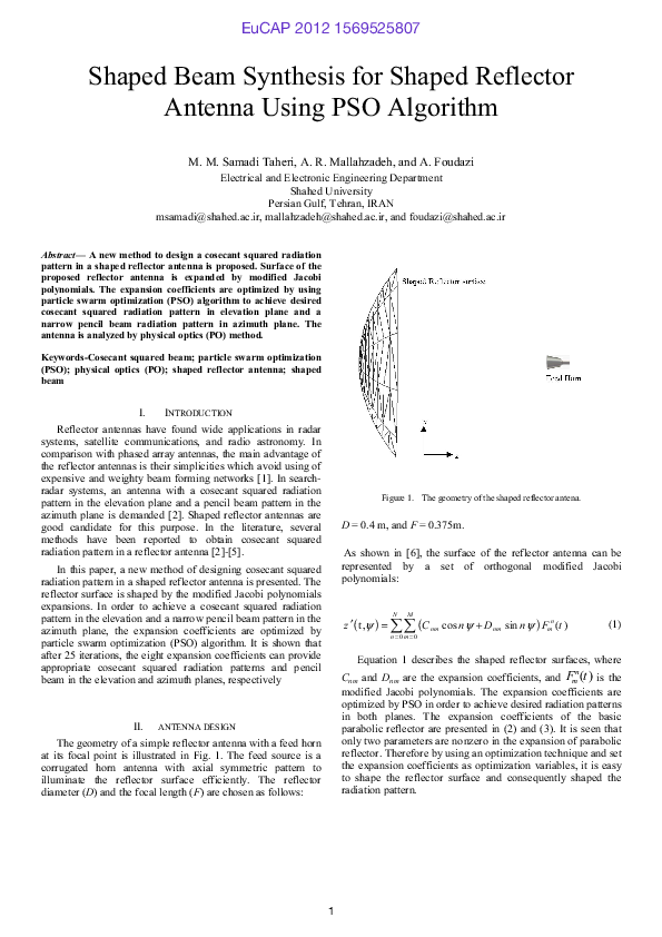 (PDF) Shaped Beam Synthesis for Shaped Reflector Antenna Using PSO Algorithm