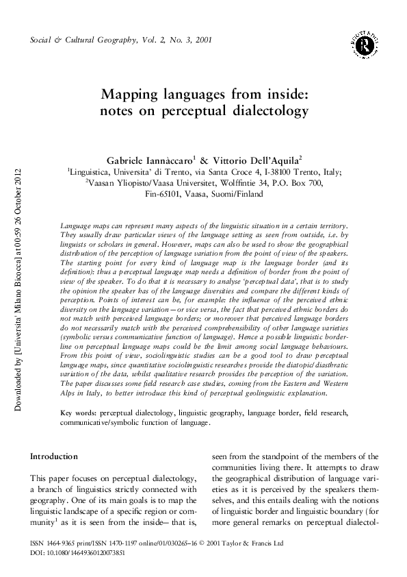 (PDF) Mapping languages from inside: notes on perceptual dialectology