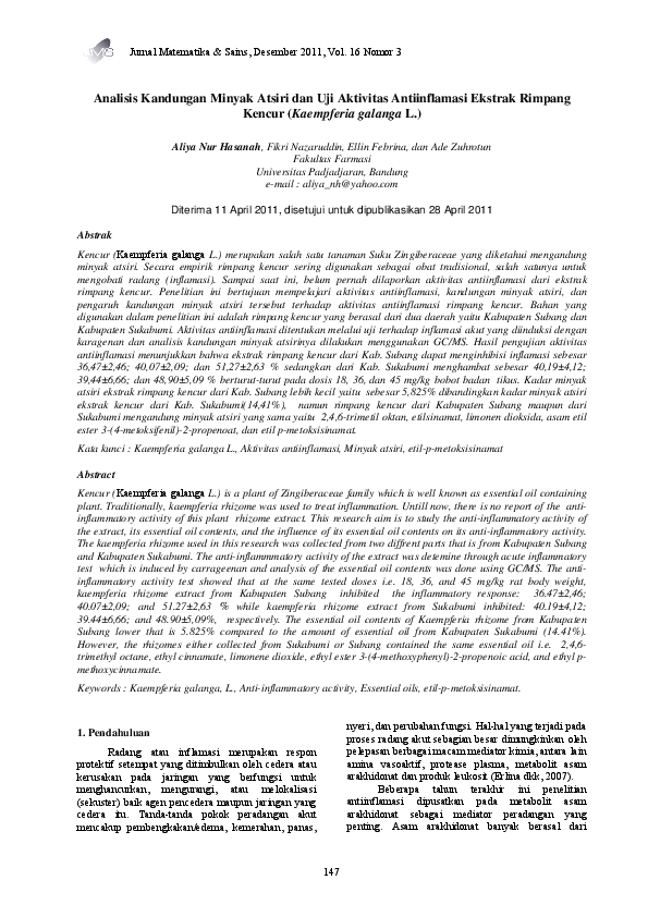 (PDF) Analisis Kandungan Minyak Atsiri dan Uji Aktivitas Antiinflamasi ...