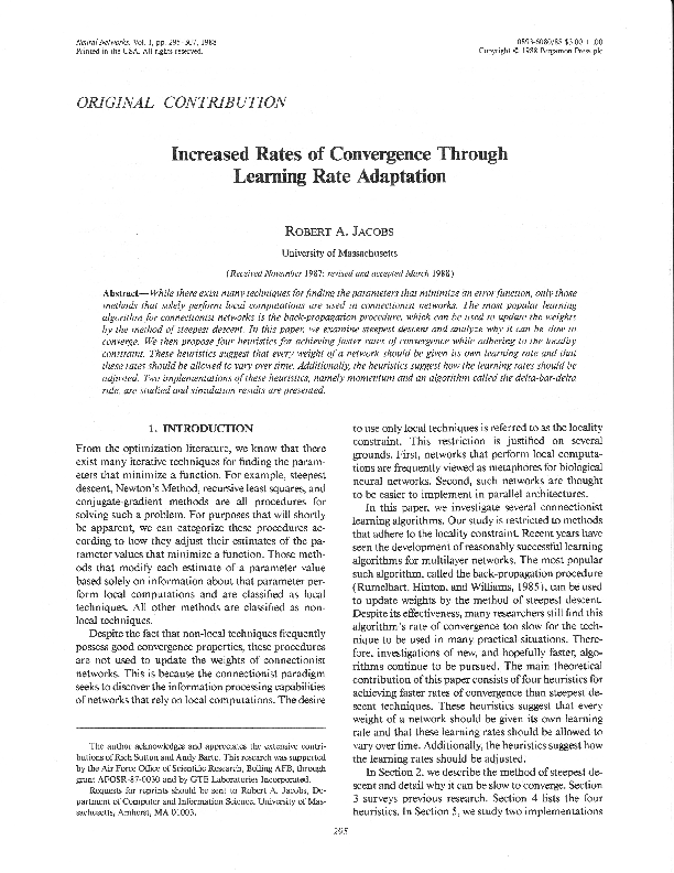 (PDF) Increased rates of convergence through learning rate adaptation