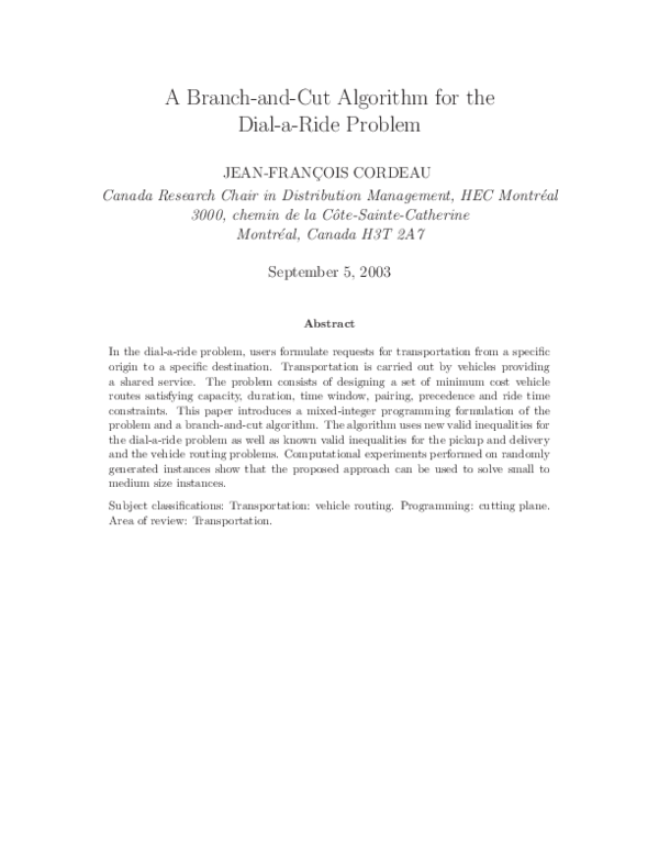 (PDF) A Branch-and-Cut Algorithm for the Dial-a-Ride Problem