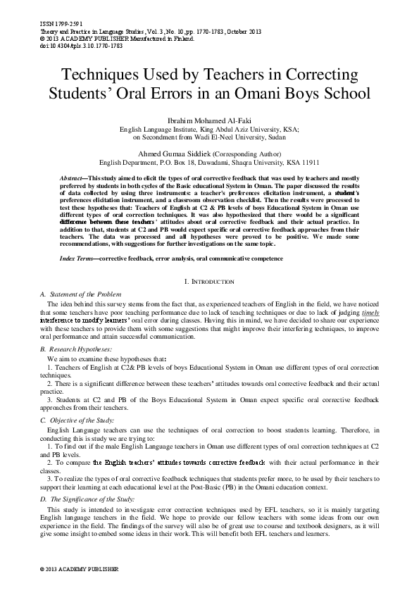 (PDF) Techniques used by Teachers in Correcting Students’ Oral Errors