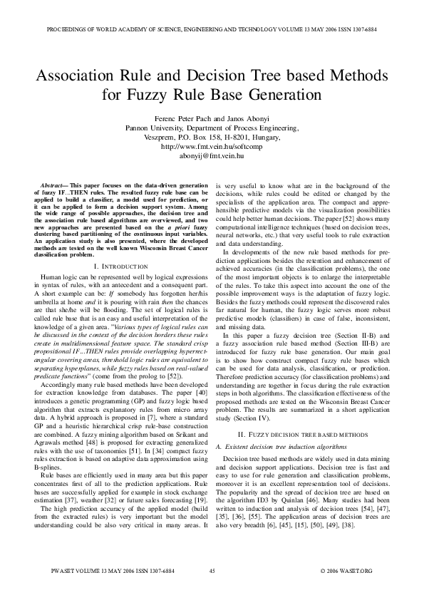Pdf Association Rule And Decision Tree Based Methods For Fuzzy Rule Base Generation