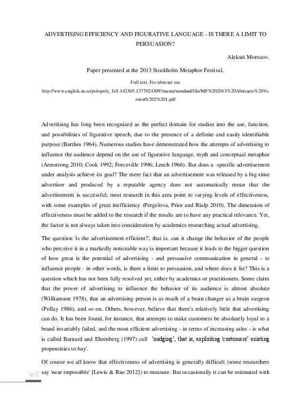(PDF) ADVERTISING EFFICIENCY AND FIGURATIVE LANGUAGE -IS THERE A LIMIT ...