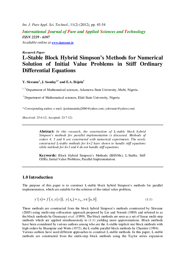 (PDF) L-Stable Block Hybrid Simpson's Method for Numerical Solution of Initial Value Problems of ...