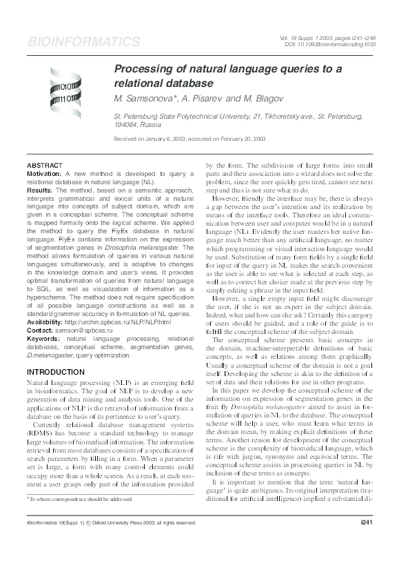 Pdf Processing Of Natural Language Queries To A Relational Database Andrei Pisarev