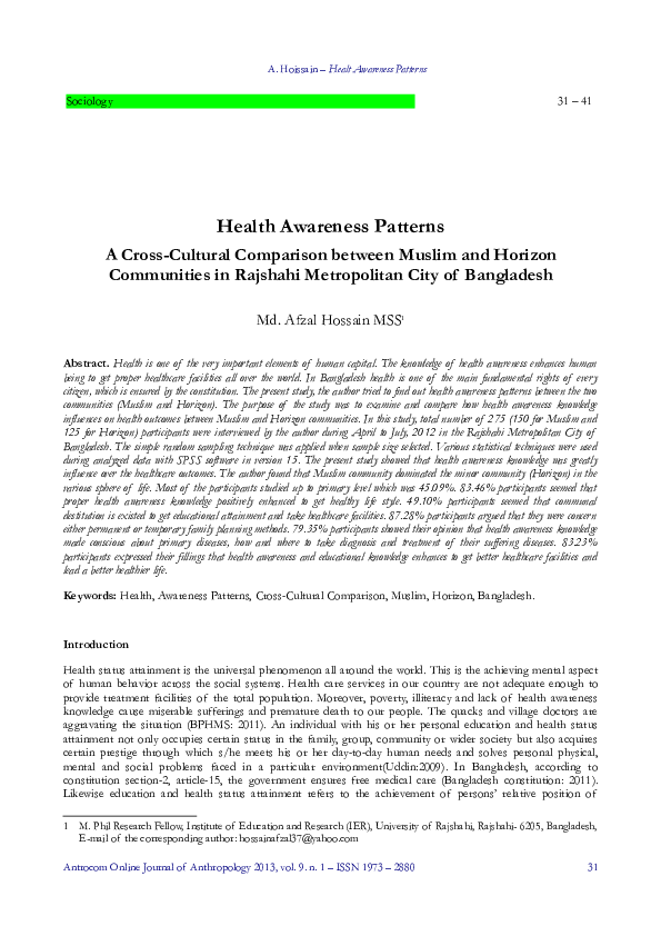 (PDF) A. Hoissain – Healt Awareness Patterns Health Awareness Patterns ...