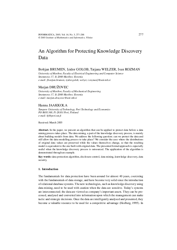 (PDF) An Algorithm for Protecting Knowledge Discovery Data