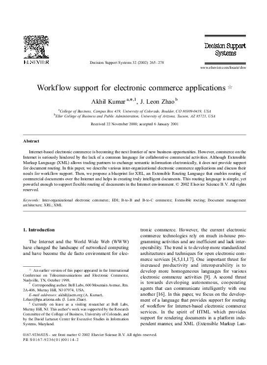 (PDF) Workflow Support for Electronic Commerce Applications