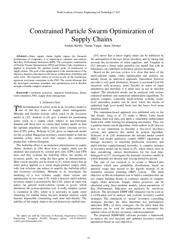 (PDF) Constrained Particle Swarm Optimization of Supply Chains