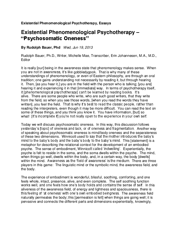 (DOC) Existential Phenomenological Psychotherapy – “Psychosomatic Oneness”