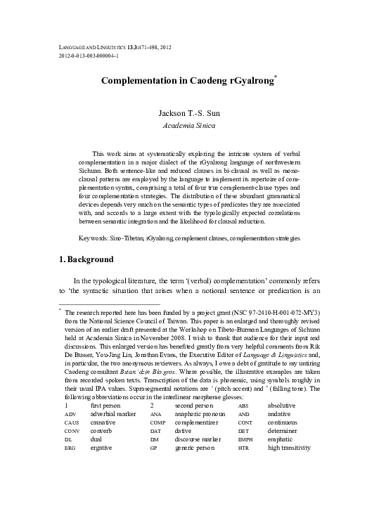(PDF) Complementation in Caodeng Rgyalrong