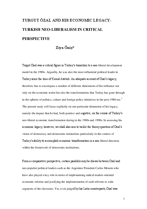 (PDF) Turgut Özal and his Economic Legacy: Turkish NeoLiberalism in Critical Perspective