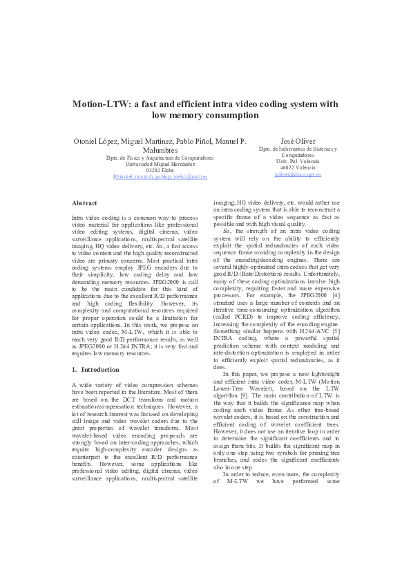 (PDF) Motion-LTW: a fast and efficient intra video coding system with ...