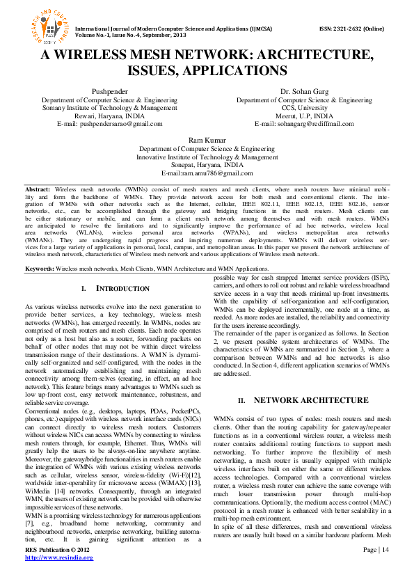 Pdf A Wireless Mesh Network Architecture Issues Applications