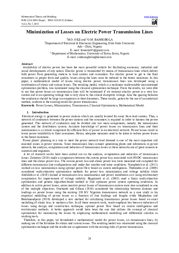 Pdf Mathematical Theory And Modeling Minimization Of Losses On Electric Power Transmission Lines