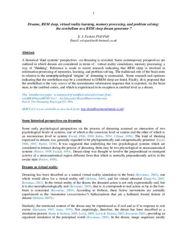 (DOC) Dreams, REM sleep, virtual reality learning, memory processing ...