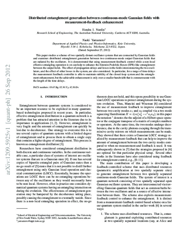 Pdf Distributed Entanglement Generation Between Continuous Mode