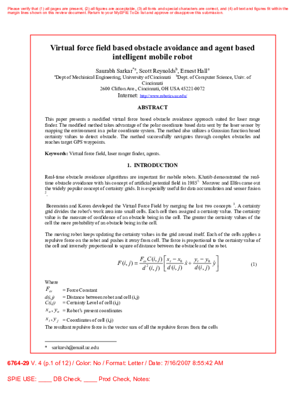 (PDF) Virtual force field based obstacle avoidance and agent based intelligent mobile robot