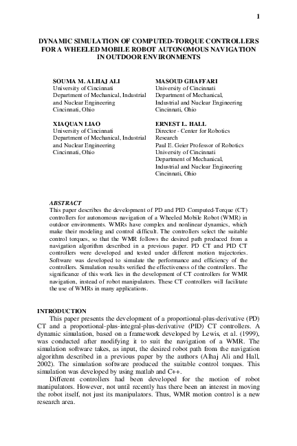 (PDF) DYNAMIC SIMULATION OF COMPUTED-TORQUE CONTROLLERS FOR A WHEELED ...