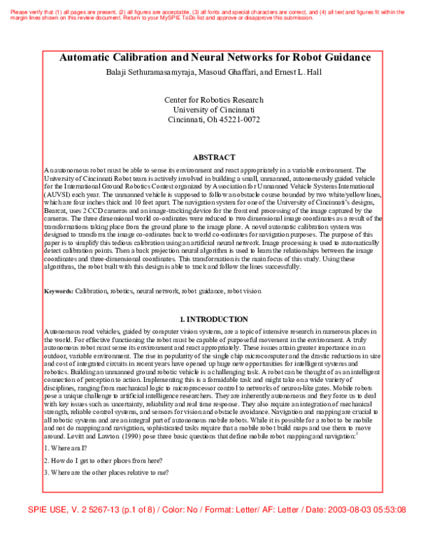 (PDF) Automatic Calibration and Neural Networks for Robot Guidance
