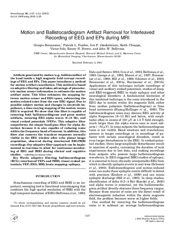 Pdf Motion And Ballistocardiogram Artifact Removal For Interleaved Recording Of Eeg And Eps