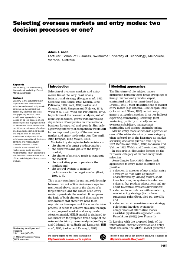 (PDF) Selecting overseas markets and entry modes: two decision ...