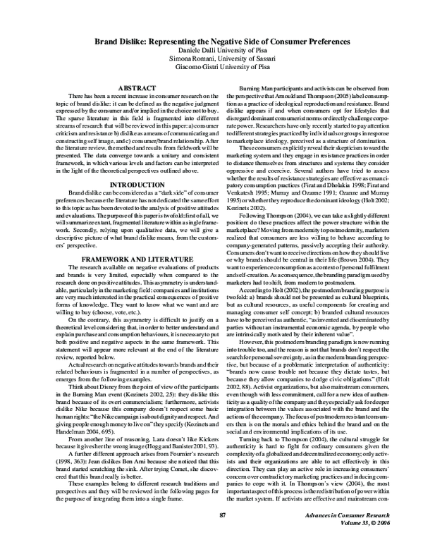 (PDF) Brand Dislike: Representing the Negative Side of Consumer Preferences