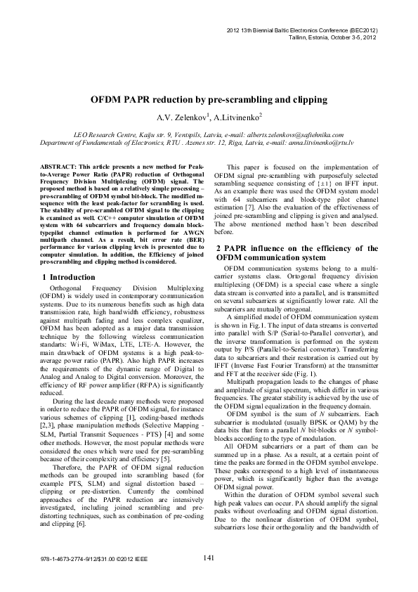 Pdf Ofdm Papr Reduction By Pre Scrambling And Clipping