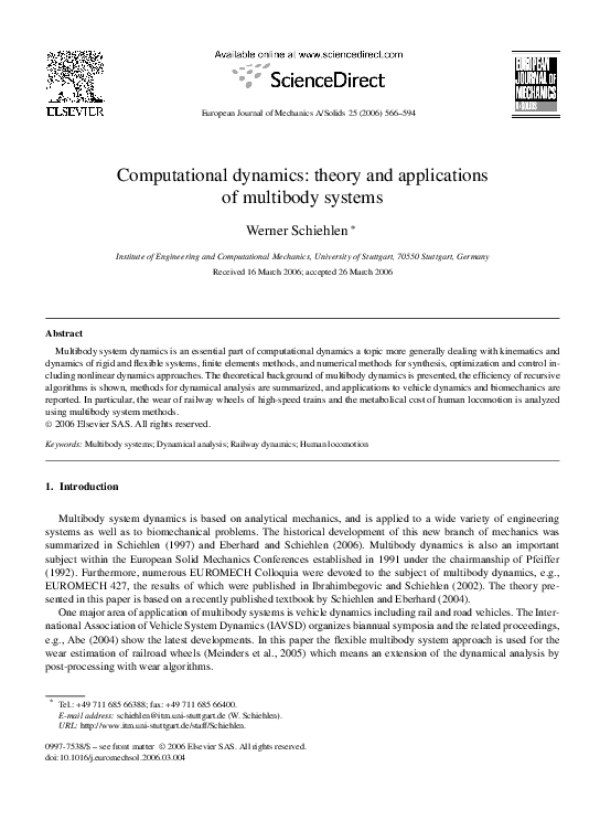 Pdf Computational Dynamics Theory And Applications Of Multibody Systems 