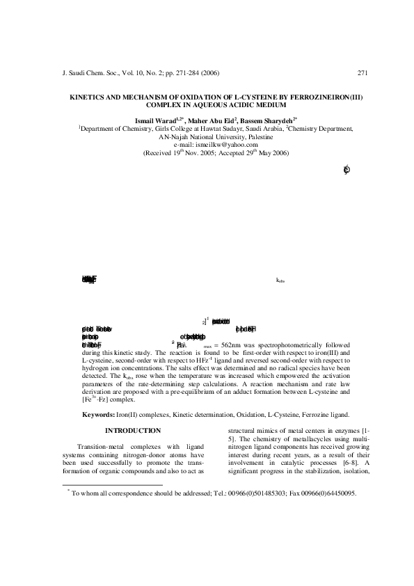 (PDF) KINETICS AND MECHANISM OF OXIDATION OF L-CYSTEINE BY FERROZINEIRON(III) COMPLEX IN AQUEOUS ...