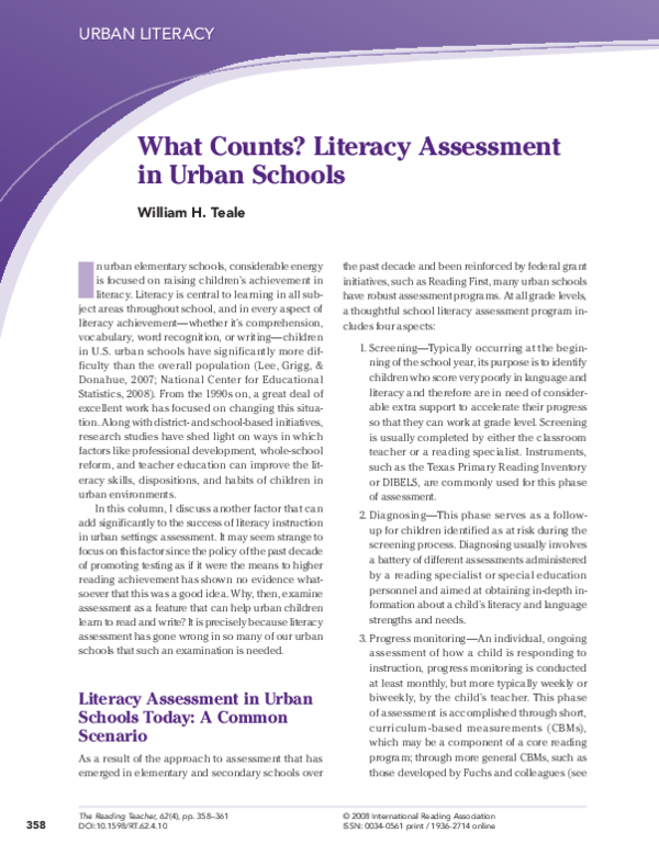 (PDF) What counts? Literacy assessment in urban schools