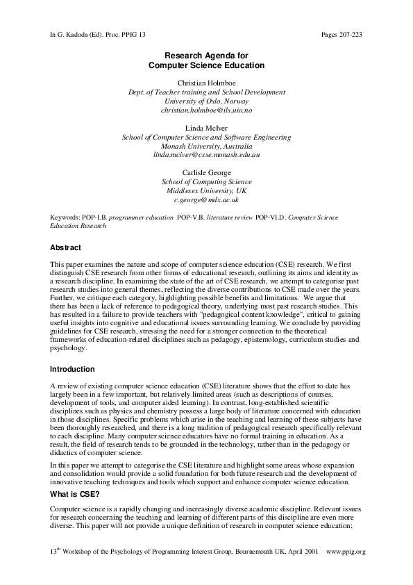 (PDF) Research Agenda for Computer Science Education