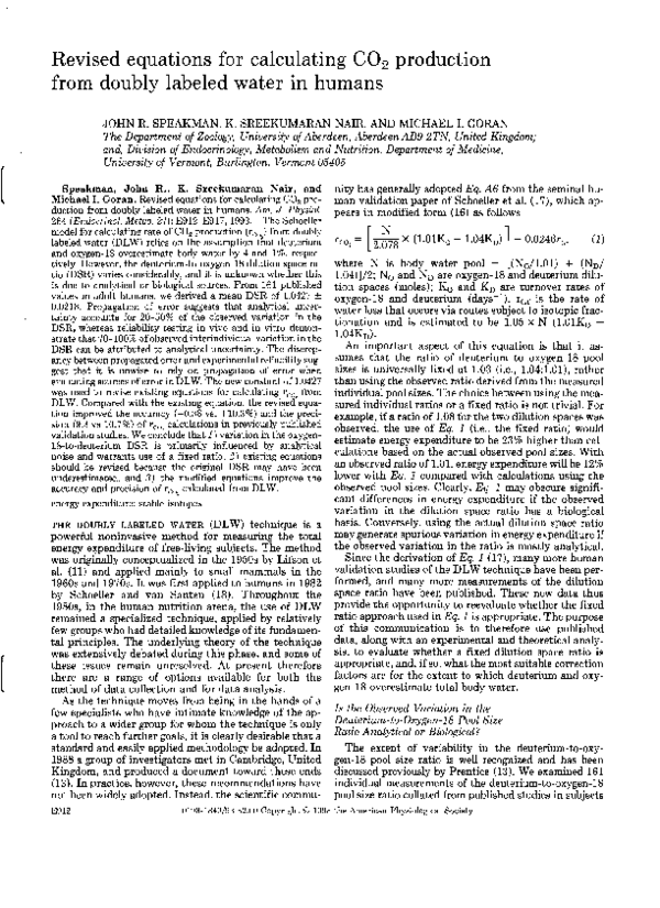 Pdf Revised Equations For Calculating Co2 Production From Doubly Labeled Water In Humans