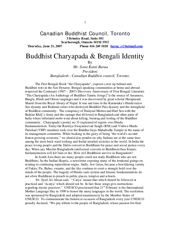 Buddhist Charyapada & Bengali Identity