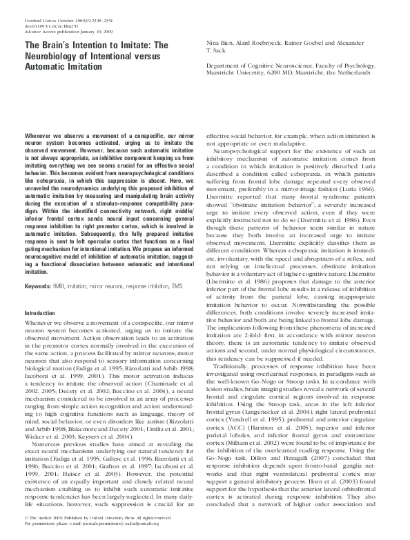(PDF) The brain's intention to imitate: the neurobiology of intentional ...