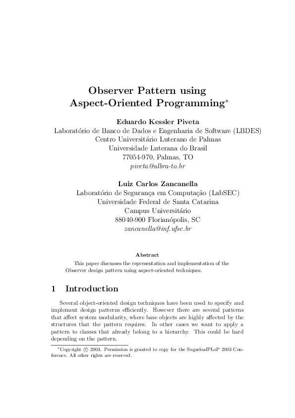 (PDF) Observer Pattern using Aspect-Oriented Programming