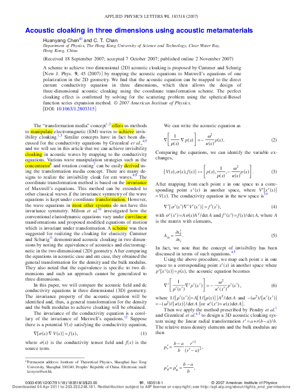 (PDF) Acoustic cloaking in three dimensions using acoustic metamaterials