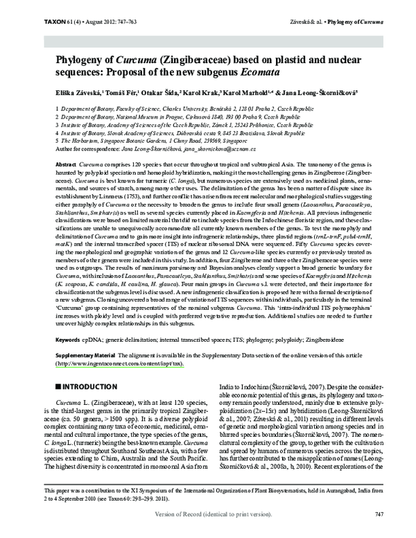 Phylogeny of Curcuma (Zingiberaceae) based on plastid and nuclear ...