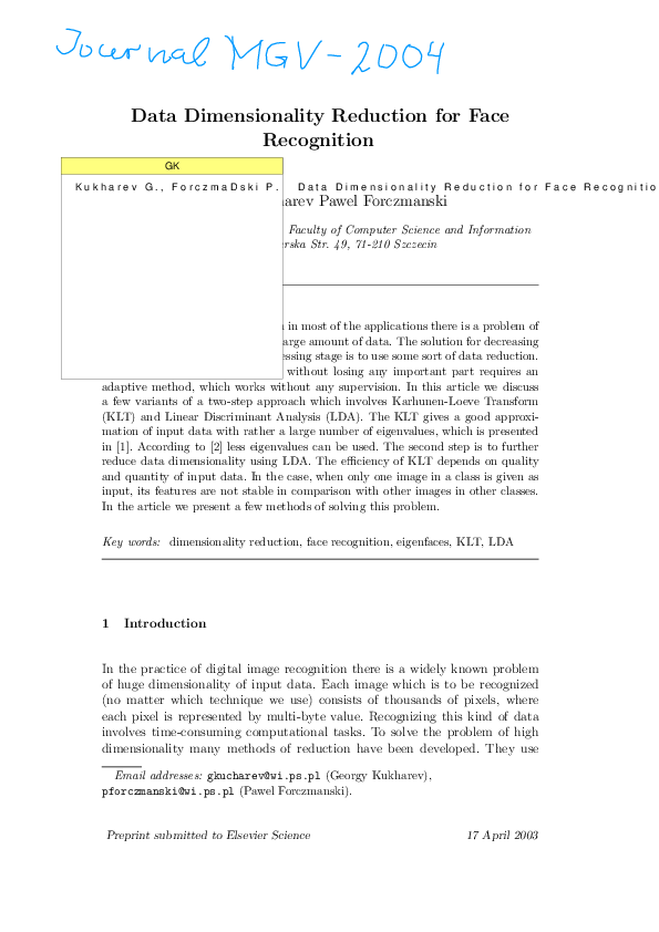 Pdf Data Dimensionality Reduction For Face Recognition Georgy Kukharev