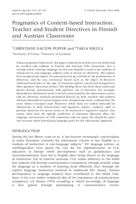(PDF) Pragmatics of content-based instruction: Teacher and student directives in Finnish and ...