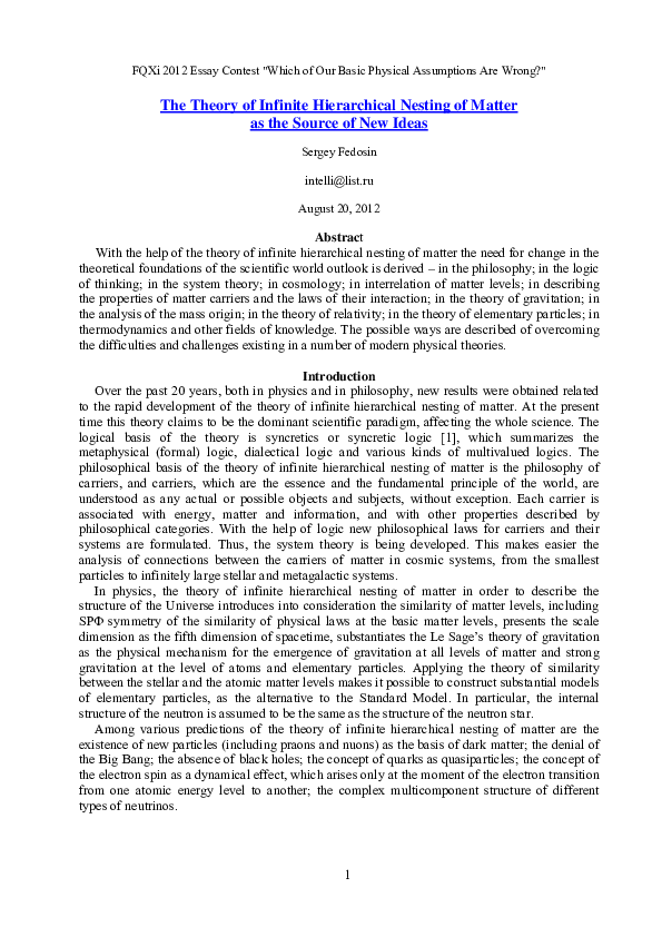 (PDF) The Theory of Infinite Hierarchical Nesting of Matter as the ...