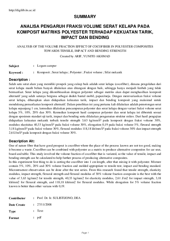 (PDF) SUMMARY ANALISA PENGARUH FRAKSI VOLUME SERAT KELAPA PADA KOMPOSIT MATRIKS POLYESTER ...