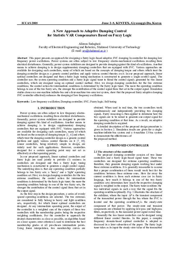 (PDF) A New Approach to Adaptive Damping Control for Statistic VAR Compensators Based on Fuzzy Logic