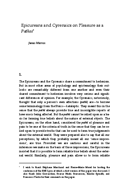Epicureans and Cyrenaics on pleasure as a pathos