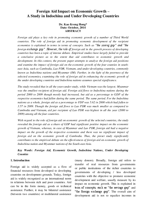 (PDF) Foreign Aid Impact to the economic growth of the developing countries by Dr. Kao Kveng Hong