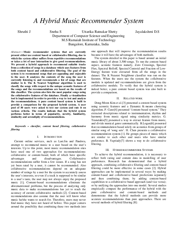 (PDF) A Hybrid Music Recommender System